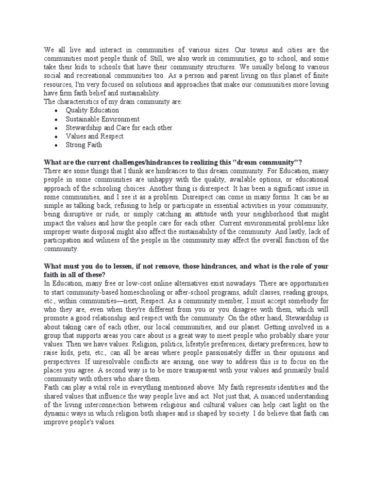 Dream Community Characteristics Worksheet | PDF | Community ...