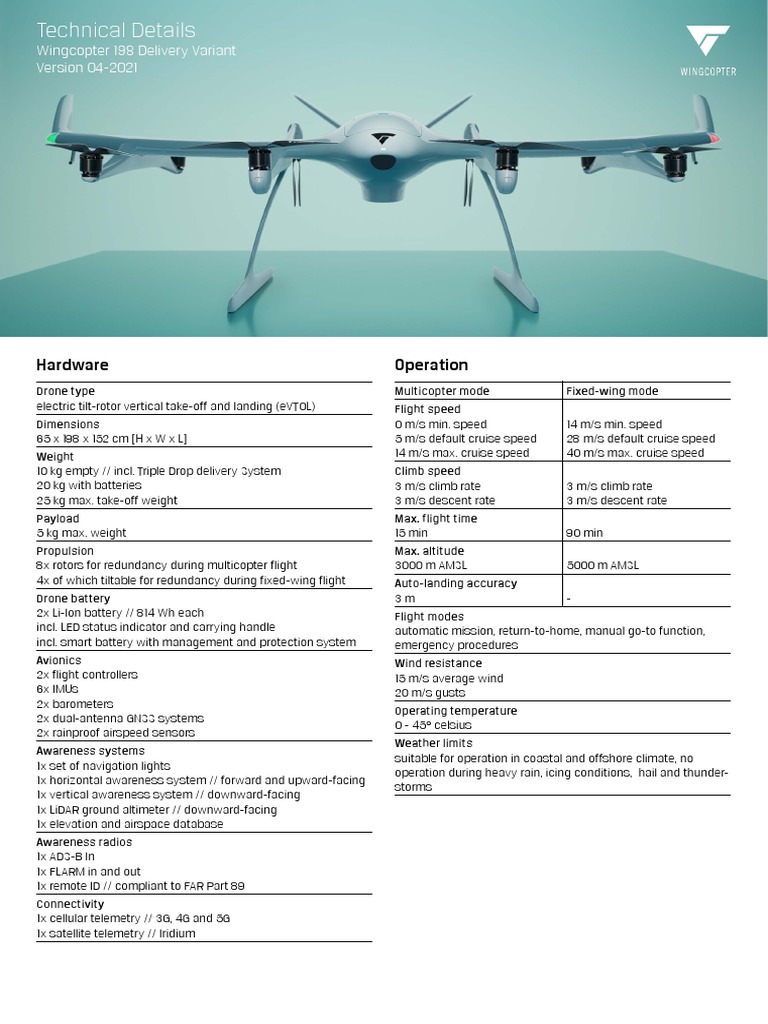 Specsheet Wingcopter 198 | PDF | Unmanned Aerial Vehicle | Aviation