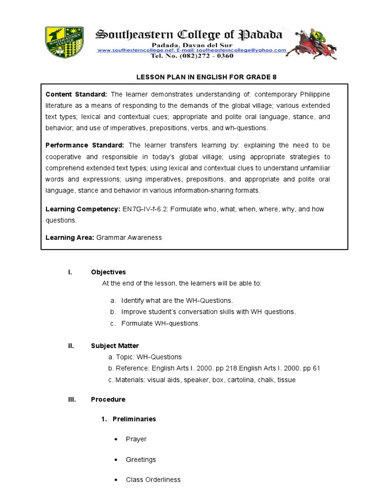 Grade 8 - WH Questions | PDF | Language Arts & Discipline