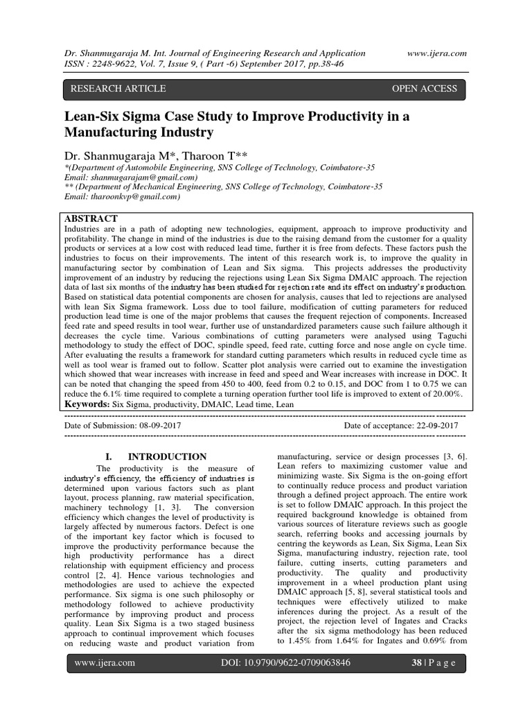 Lean-Six Sigma Case Study To Improve Productivity in A Manufacturing Industry | PDF | Six Sigma ...