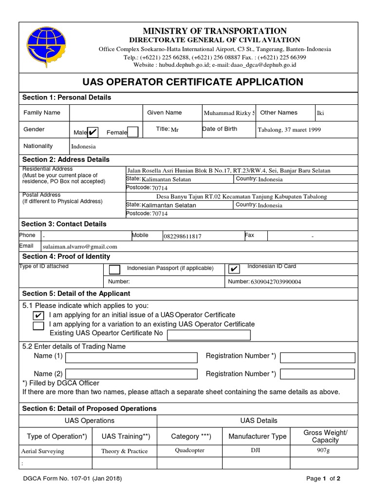 UAS Operator Certificate Application Form | PDF | Aerial Photography