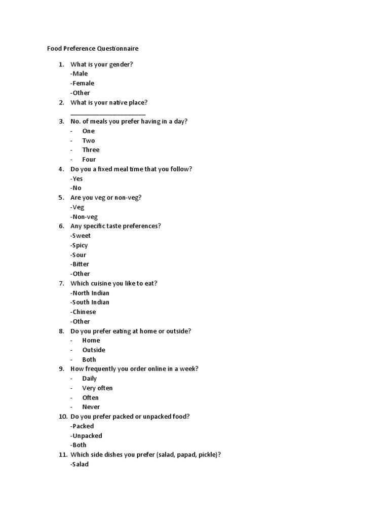 Food Preference Questionnaire Template | PDF | Cooking, Food & Wine