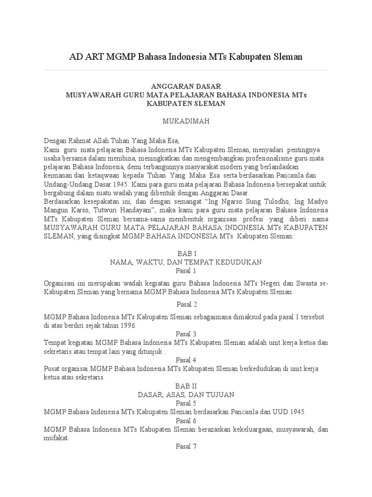 AD ART MGMP Bahasa Indonesia Sleman | PDF