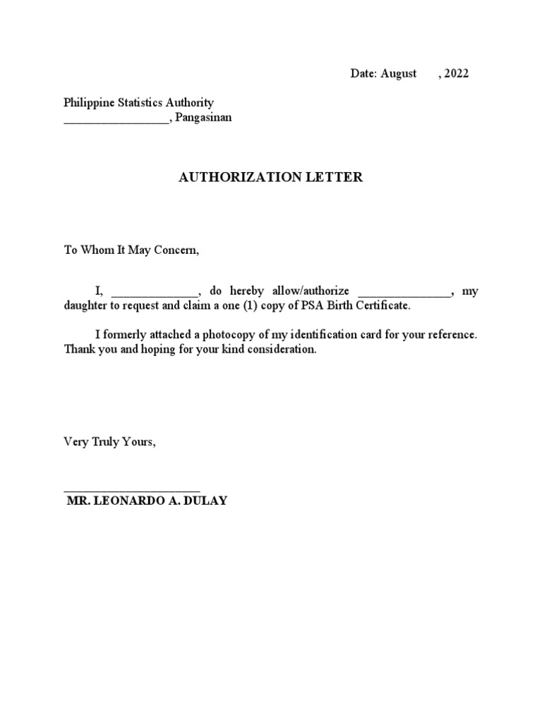Authorization Letter Sample PSA | PDF | Social Science | Wellness