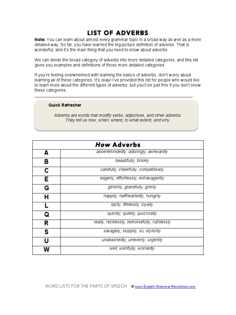 List of Adverbs | PDF | Adverb | Linguistics