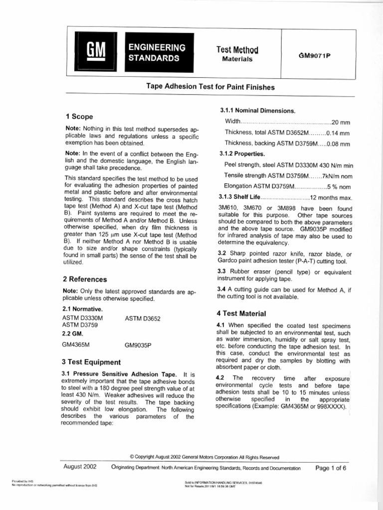 GM9071P Tape Adhesion Test For Paint Finishes | PDF | Paint | Adhesive