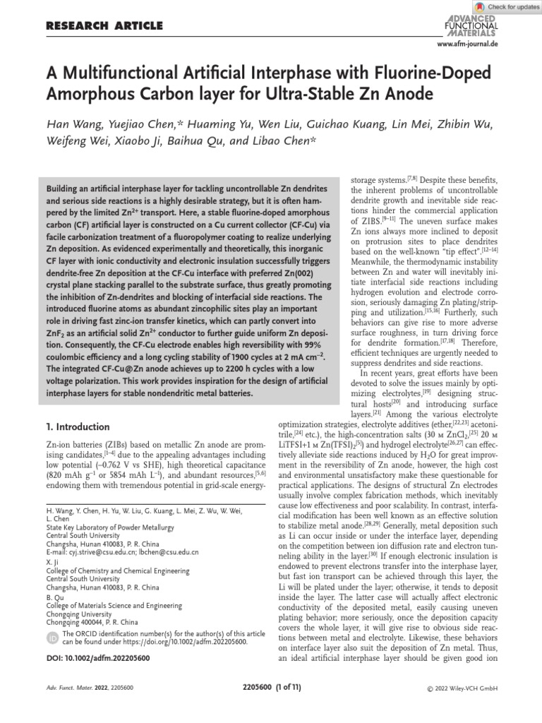 Adv Funct Materials - 2022 - Wang - A Multifunctional Artificial Interphase With Fluorine Doped ...