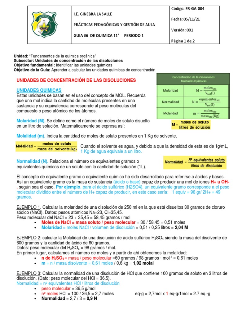 Guia 7 1P 11° Unidades Quimicas de Concentración | PDF | Concentración | Mole (Unidad)