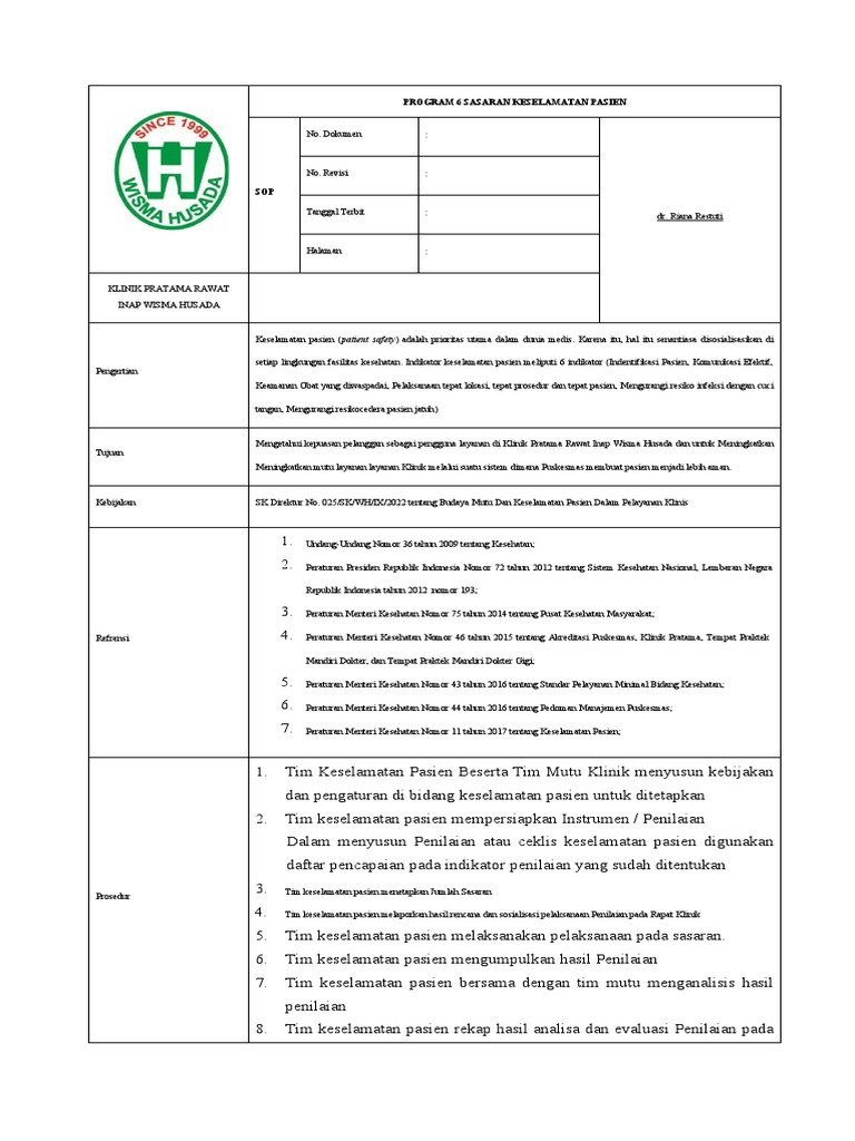 Sop Program 6 Sasaran Keselamatan Pasien | PDF