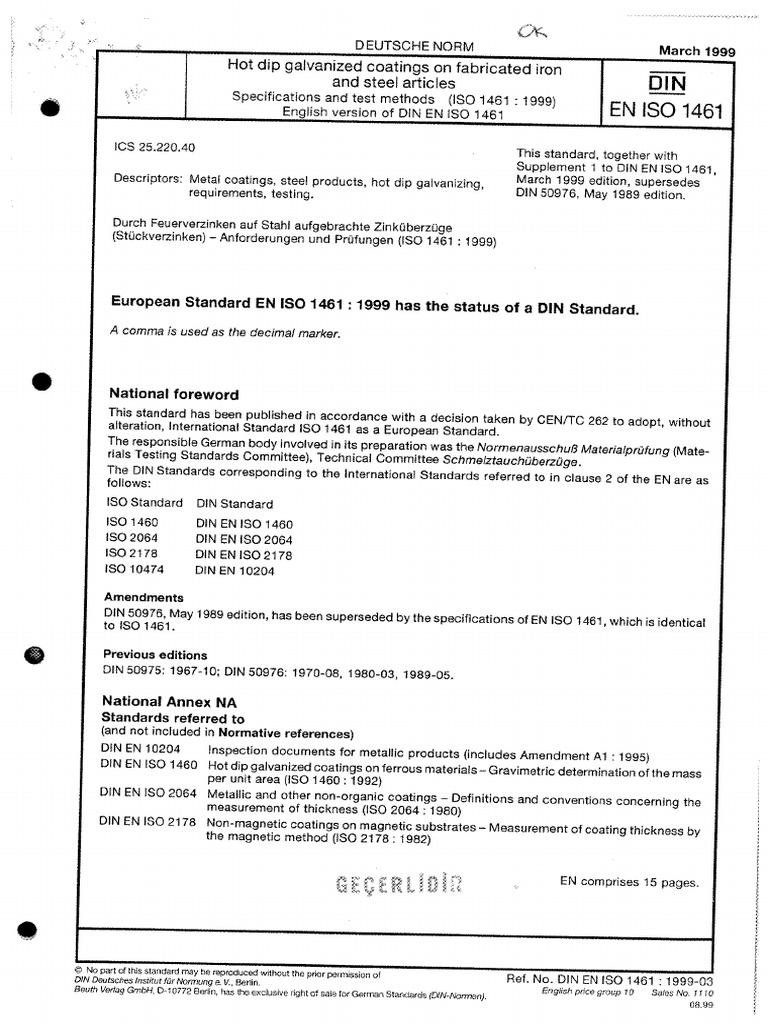 Din en Iso 1461-1999 | PDF