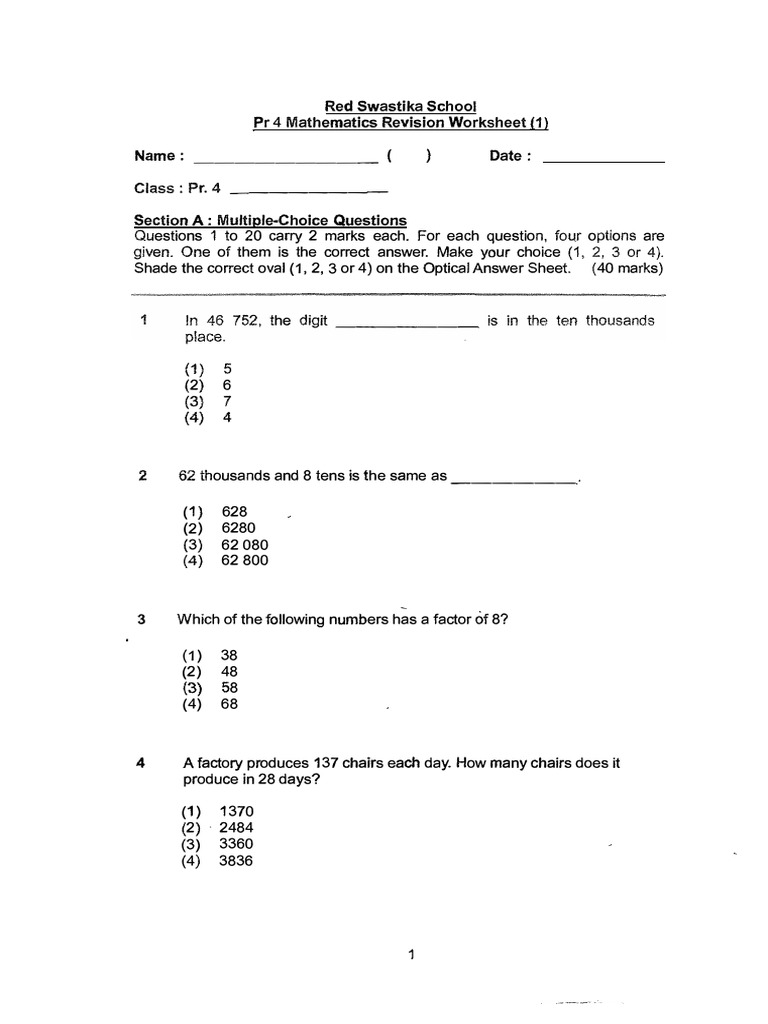 P4 Maths CA1 2021 RedSwastika Exam Papers | PDF