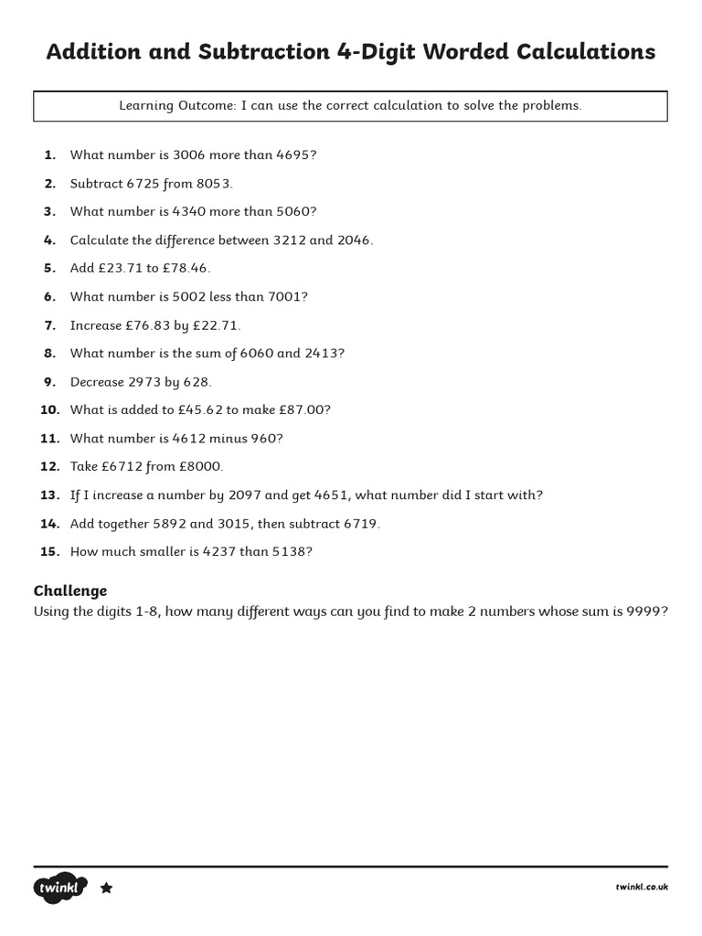 t2 M 1443 Addition and Subtraction 4 Digit Worded Calculations - Ver ...