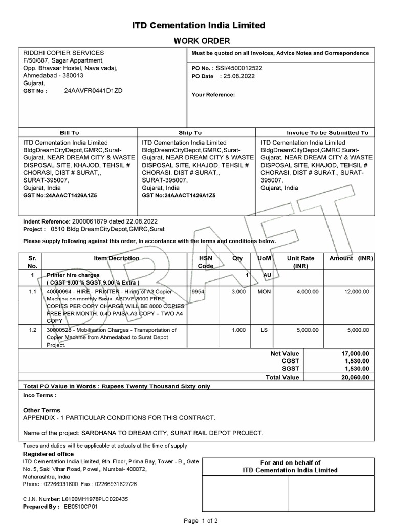 ITD Cementation India Limited Printer Hire Work Order | PDF