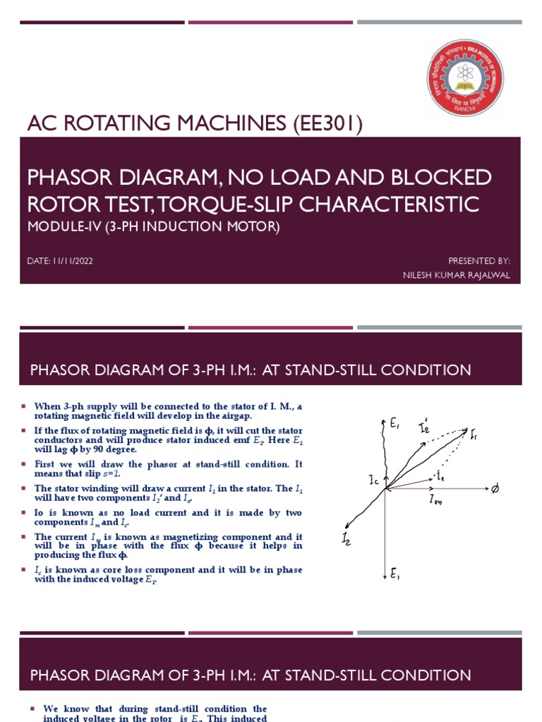 IM Phasor Diagram, NO Load and Blocked Rotor Test and Torque Slip ...