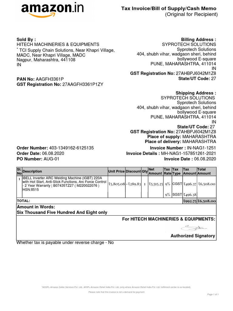 Amazon Welding M.C Invoice | PDF | Invoice | Market (Economics)