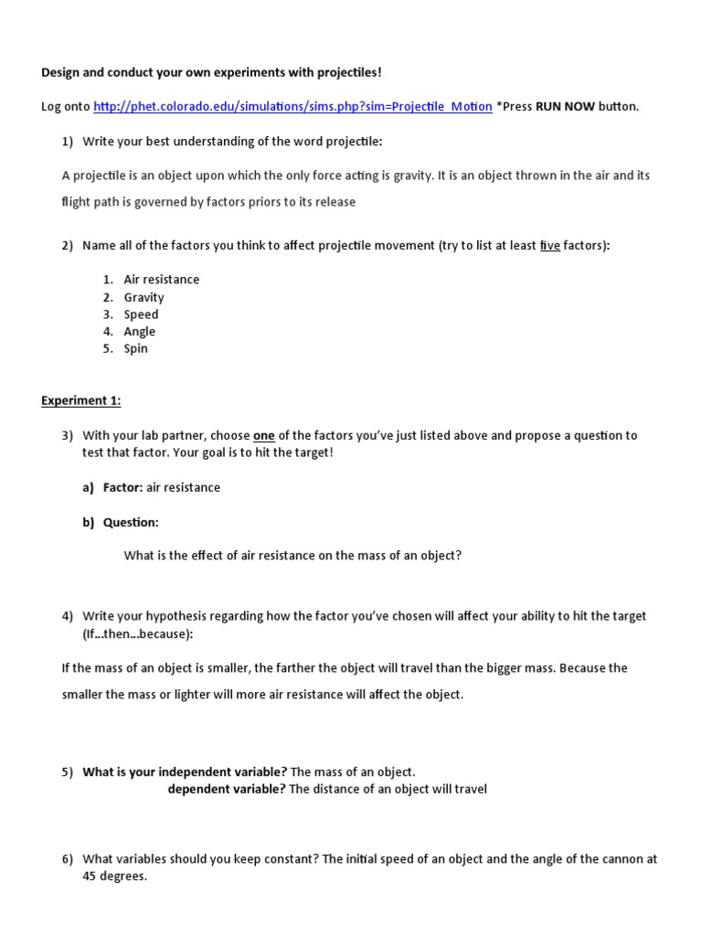 Projectile Motion Experiment Guide | PDF | Projectiles | Mass