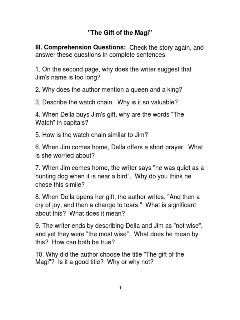 4 Gift of The Magi - QUESTIONS | PDF