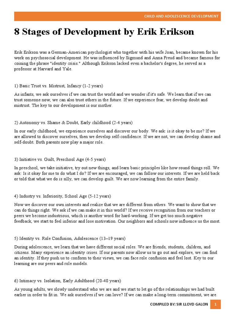 8 Stages of Development by Erik Erikson | PDF | Behavioural Sciences ...