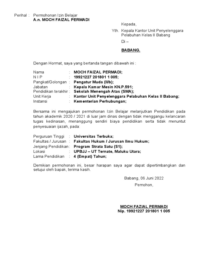 Surat Permohonan Ijin Belajar | PDF