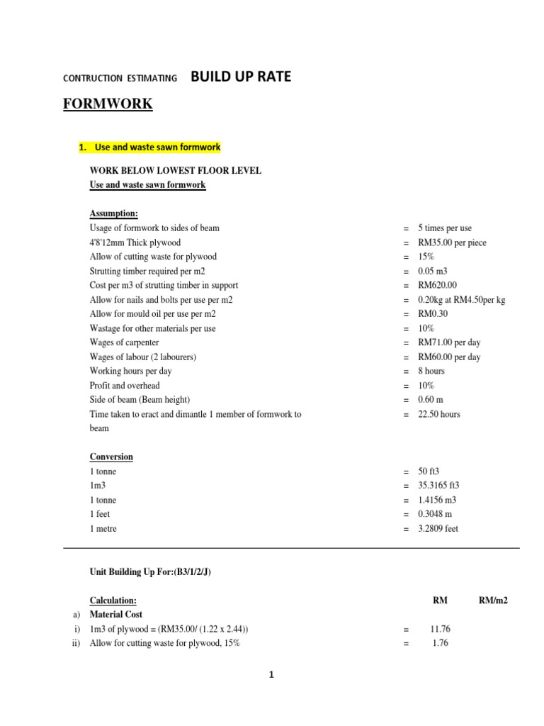CONSTRUCTION ESTIMATING FORMWORK RATES | PDF | Carpentry | Lumber
