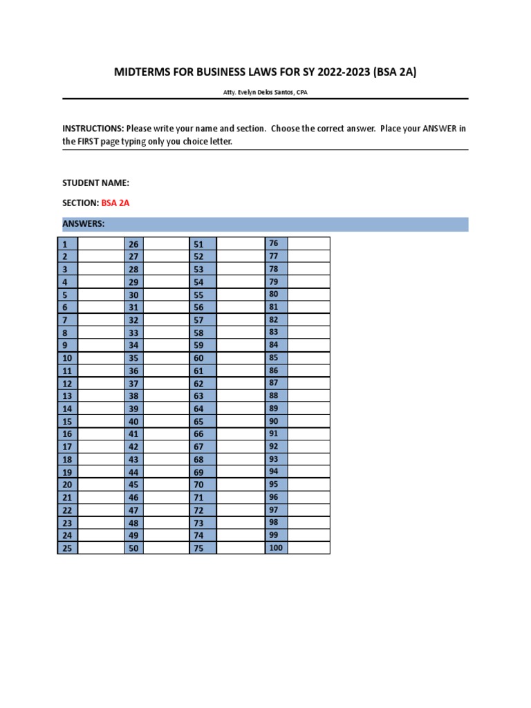 Midterms For Business Laws Section Bsa-2a Thursday Class | PDF