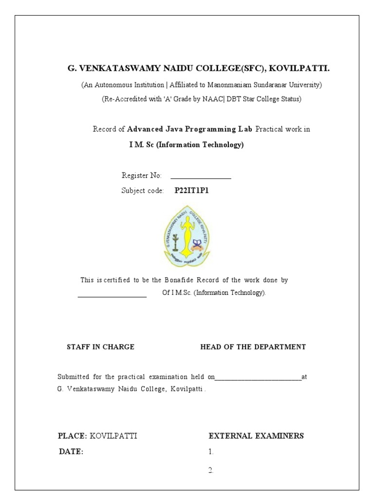 G. Venkataswamy Naidu College Advanced Java Lab Record | PDF ...
