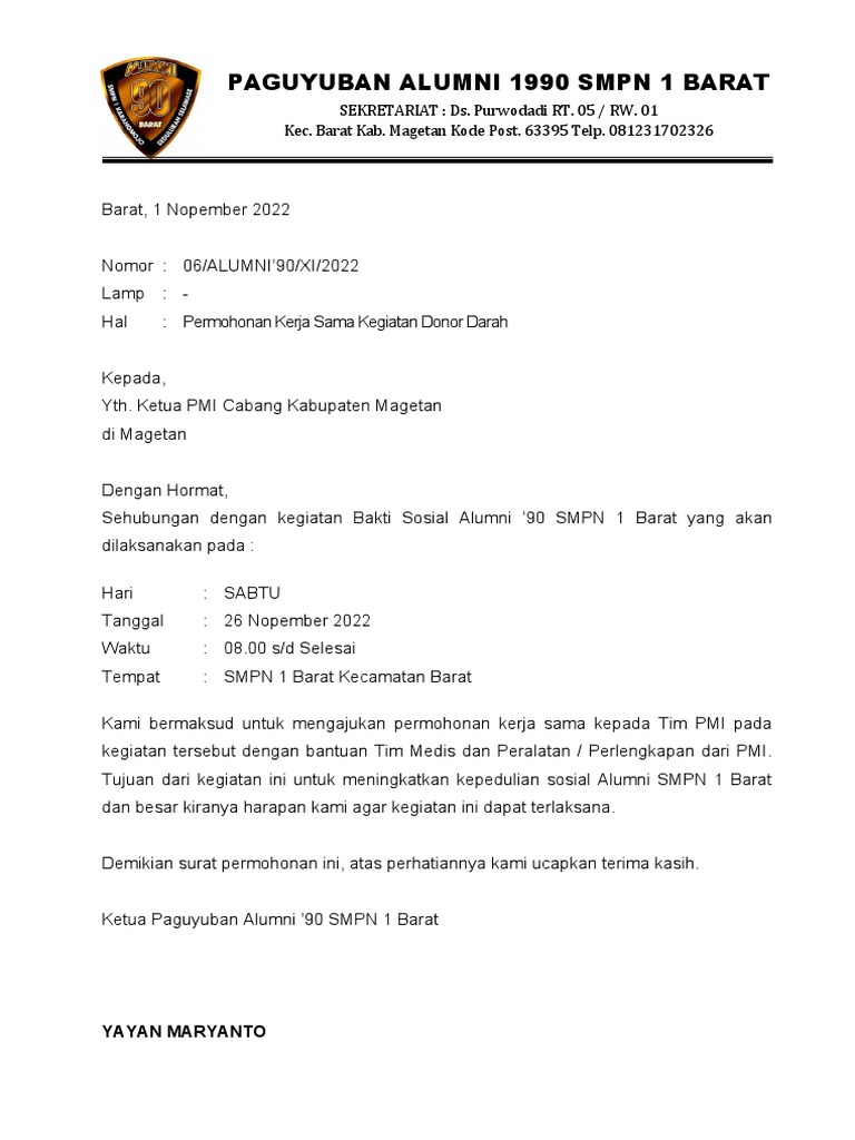 Permohonan Kerja Sama Donor Darah | PDF