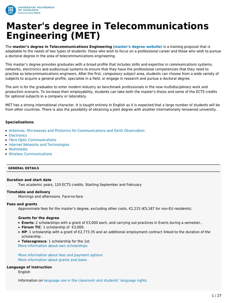 Master's Degree in Telecommunications Engineering (MET) (ETSETB) | PDF ...