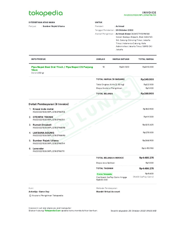 Invoice - Tokopedia - SUMBER REJEKI | PDF