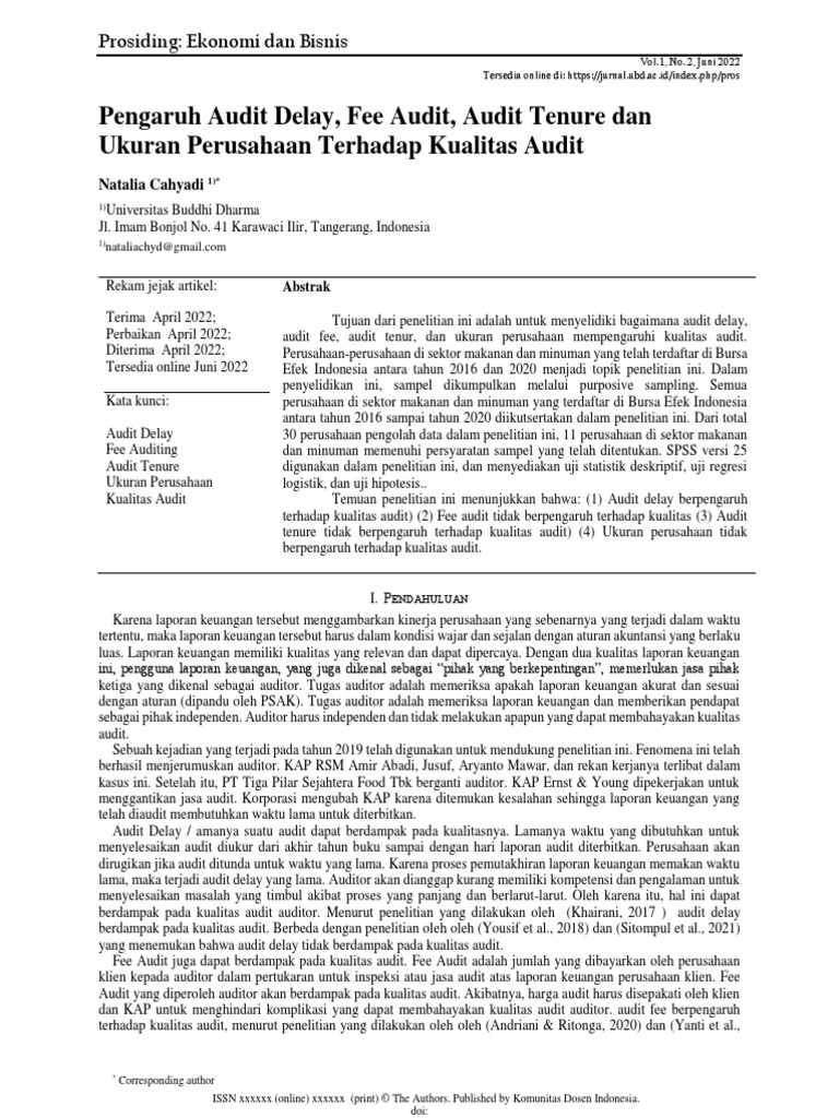 Natalia Cahyadi - Pengaruh Audit Delay, Fee Audit, Audit Tenure Dan ...