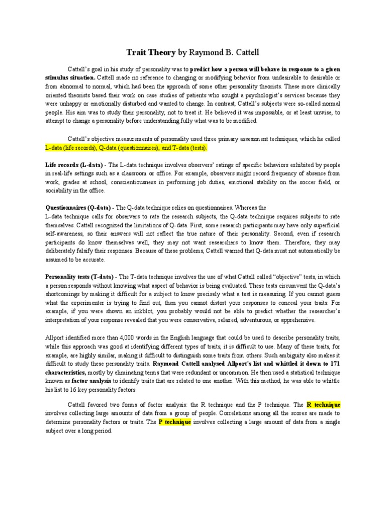 Cattell's Trait Theory Explained | PDF | Career & Growth