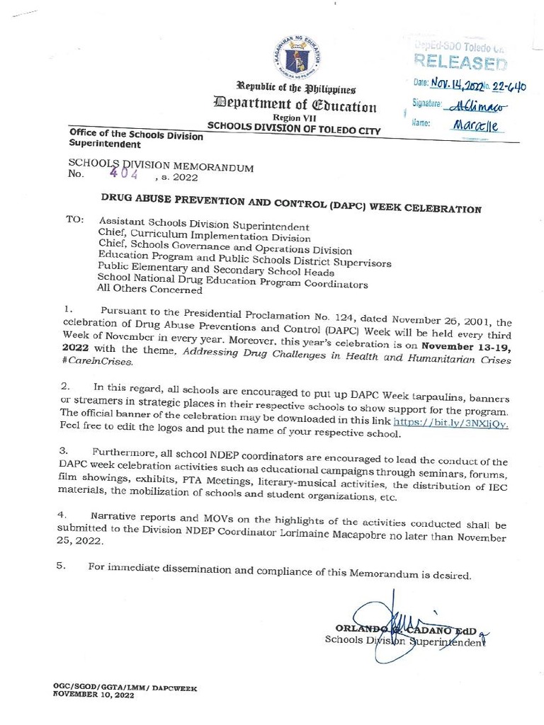 SDM No. 404 S. 2022 - Drug Abuse Prevention and Control (DAPC) Week ...