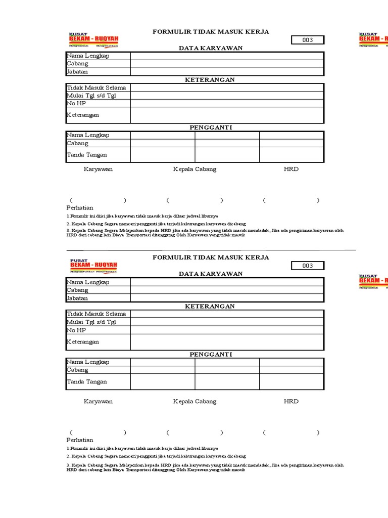 Form Sakit Karyawan, Telat, Tidak Masuk | PDF