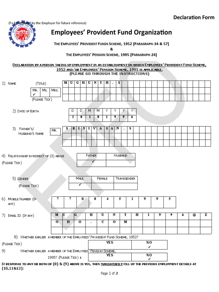 PF Declaration Form Sample Filled | PDF | Government And Personhood ...