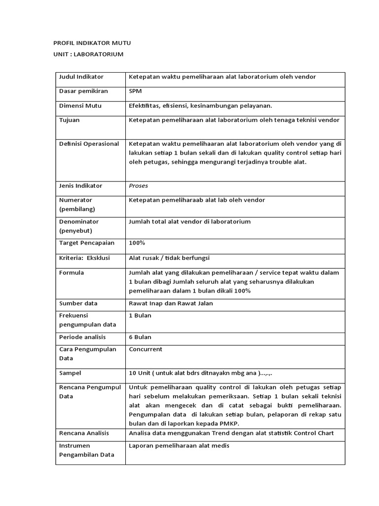 PROFIL INDIKATOR MUTU UNIT (Pemeliharaan Alat Vendor) | PDF