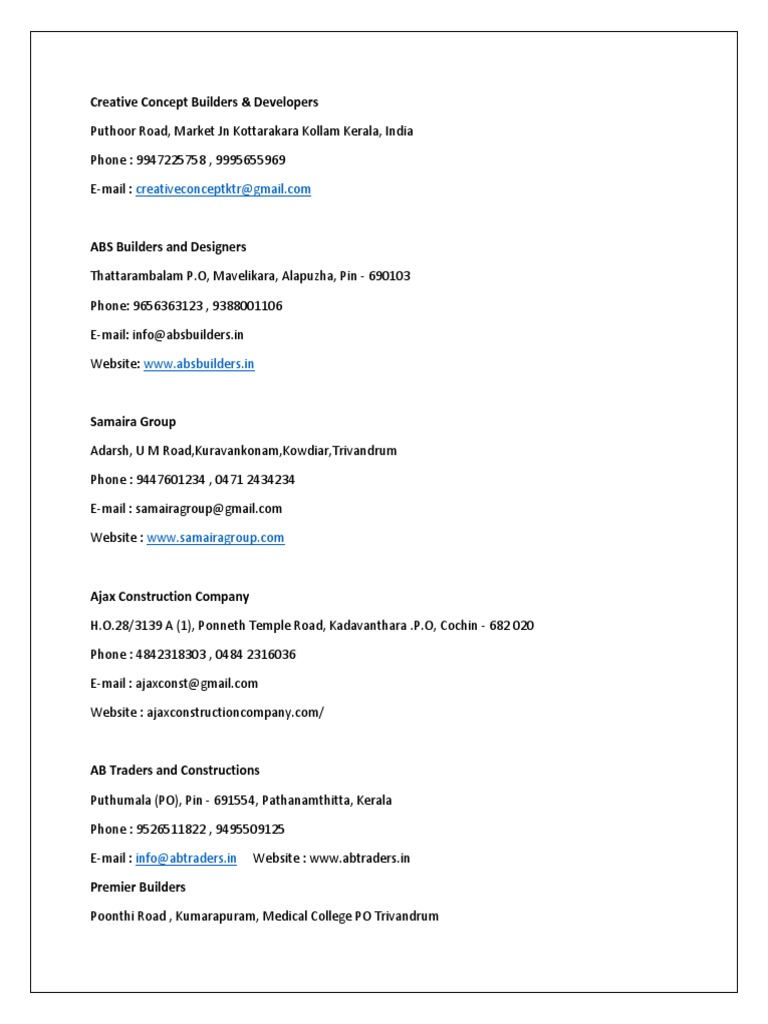 Builders List of Contact Details | PDF | Kerala