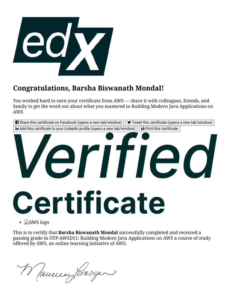 AWS OTP-AWSD11 Certificate - EdX | PDF