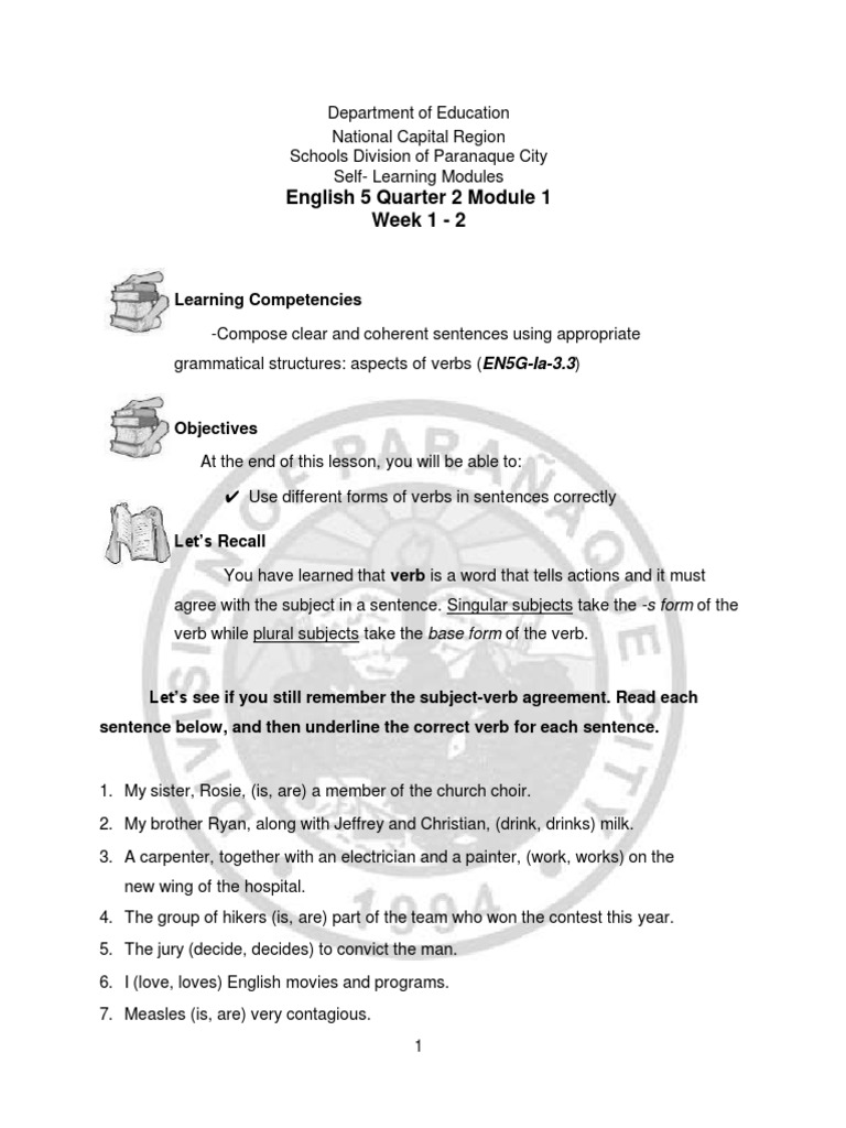 Eng5Quarter2Module1 | PDF | Grammatical Tense | Verb