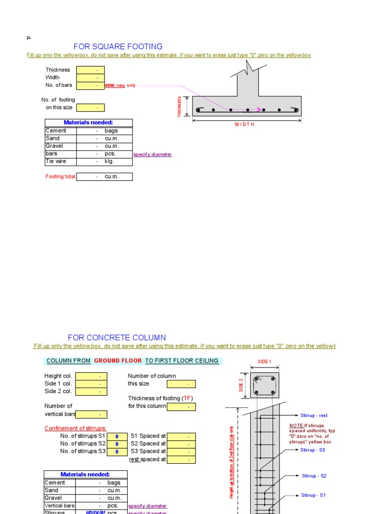Concrete Estimation Excel Template | PDF | Concrete | Column