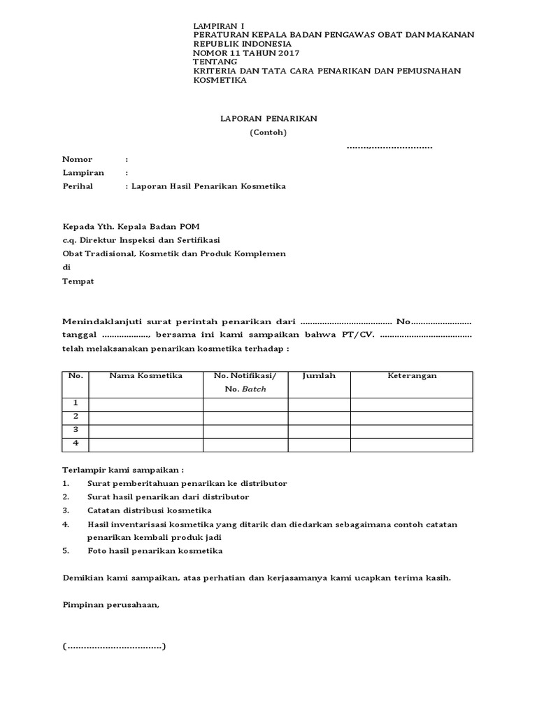 PerKa BPOM Nomor 11 Tahun 2017 Tentang Kriteria Dan Tata Cara Penarikan ...
