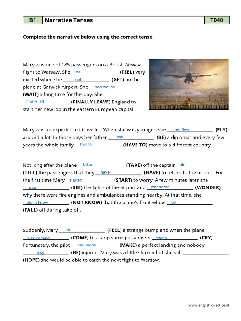 Narrative Tenses - PDF Grammar Worksheet - B1 - T040 | PDF | Airliner ...