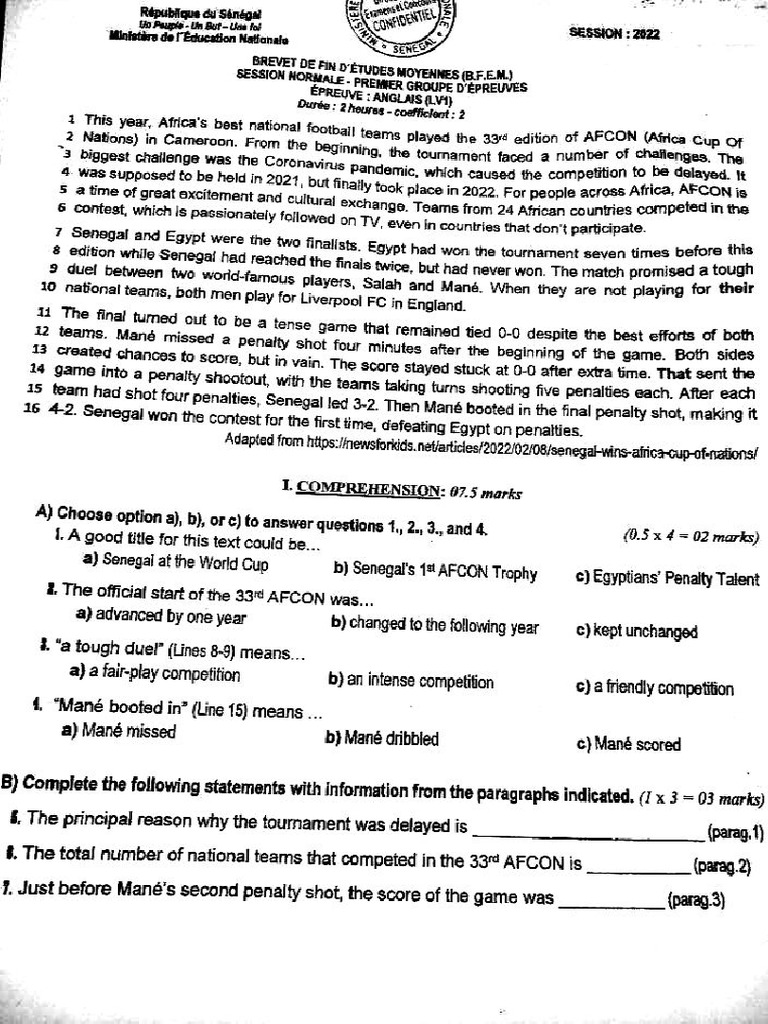 Bfem 2022 Épreuve D'anglais Lv1 Session Normale 1er Groupe, Senegal | PDF