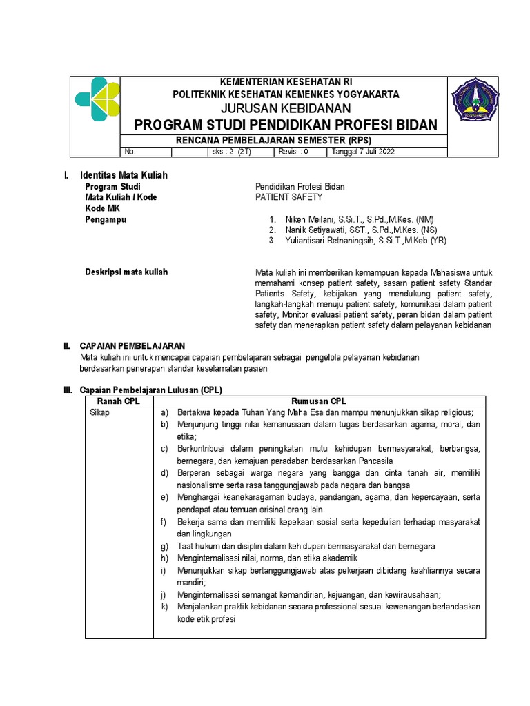 RPS Patient Safety Bidan | PDF | Karier & Perkembangan | Sains & Matematika