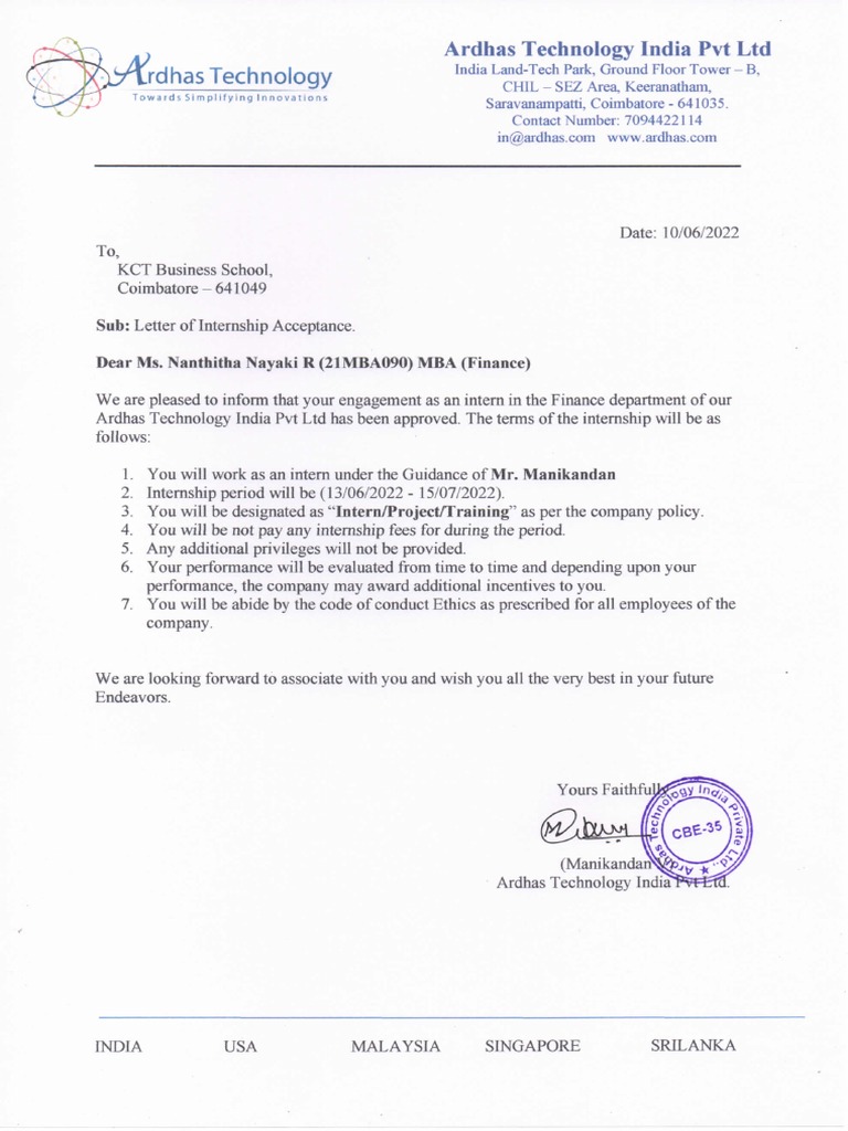 Internship Acceptance Letter | PDF