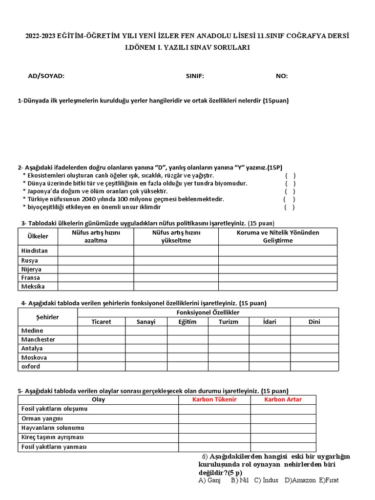 11 Sinif 1 Donem 1 Yazili 2023 | PDF