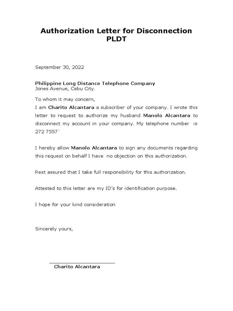 Authorization Letter For Disconnection PLDT | PDF
