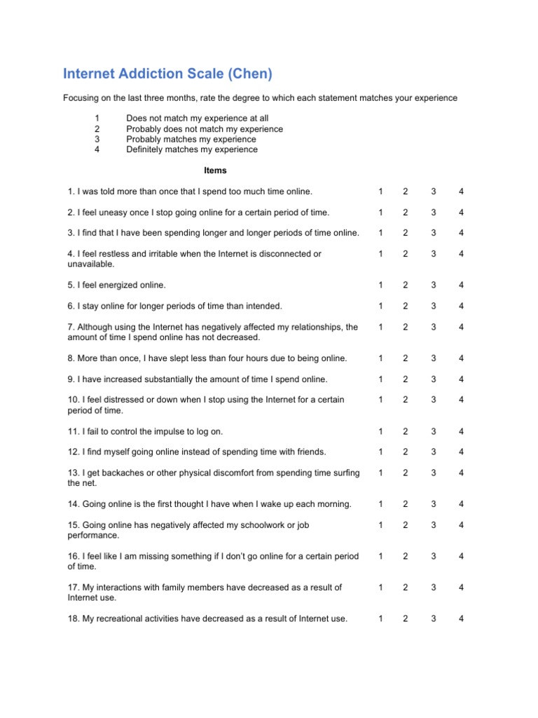 Internet Addiction Scale Questionnaire | PDF | Wellness