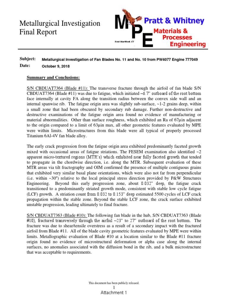 Powerplants Attachment 1 P&W Materials & Process Engineering Metallurgical Investigation Final ...
