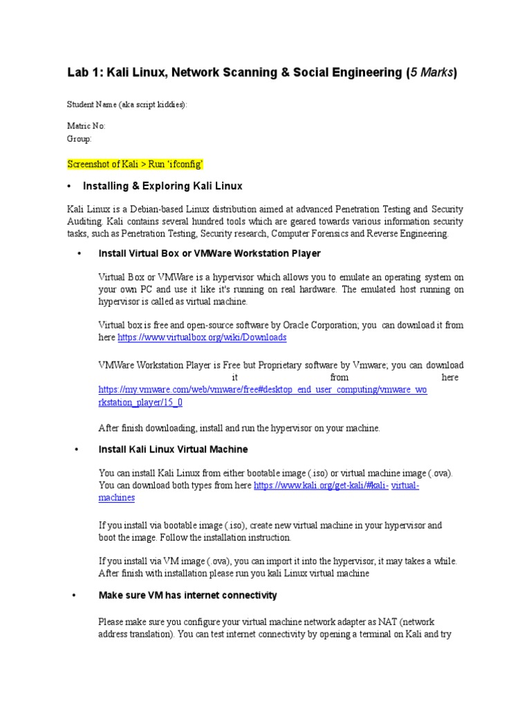 Lab 1 - Kali Linux, Network Scanning - Social Engineering | PDF ...