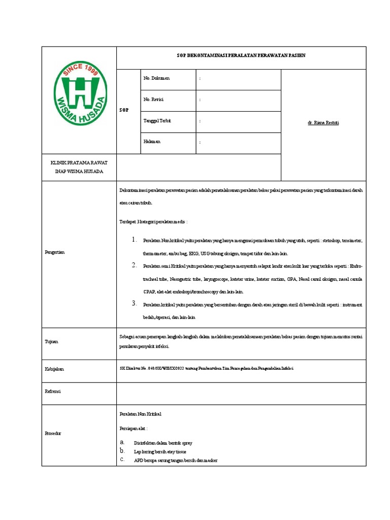 Sop Dekontaminasi Peralatan Perawatan Pasien | PDF